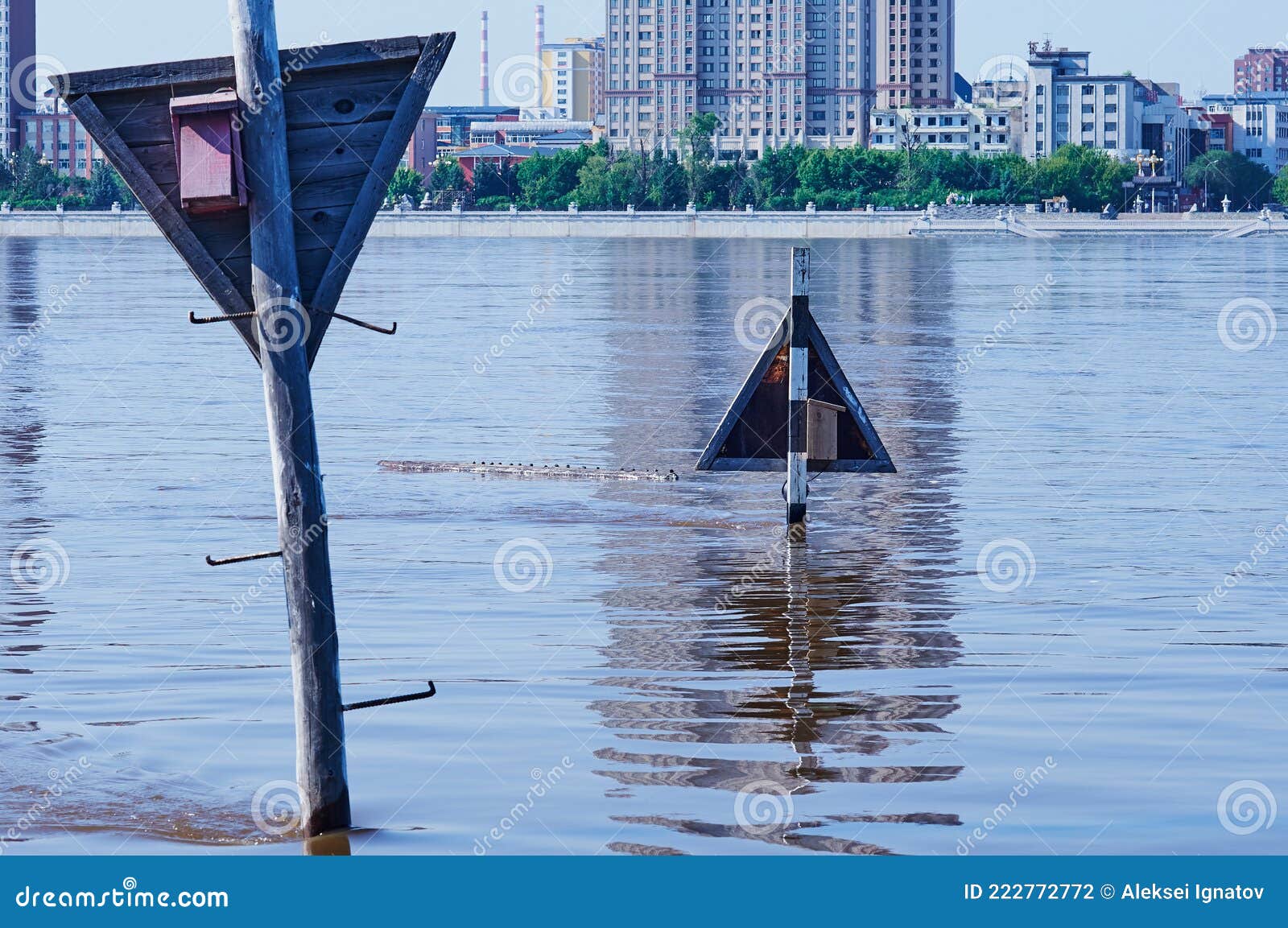 Nautical Signs on the River during the Flood. View of the Two ...