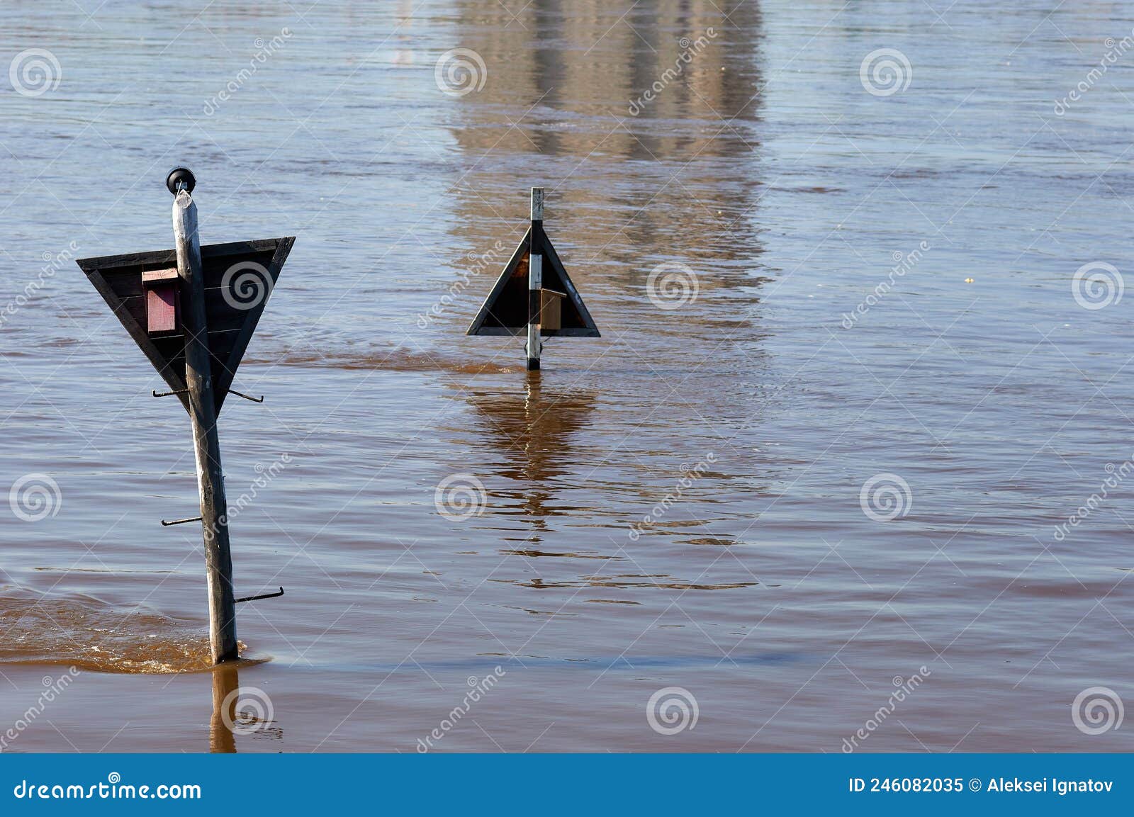 Nautical Signs on the River during the Flood. View of the Two ...