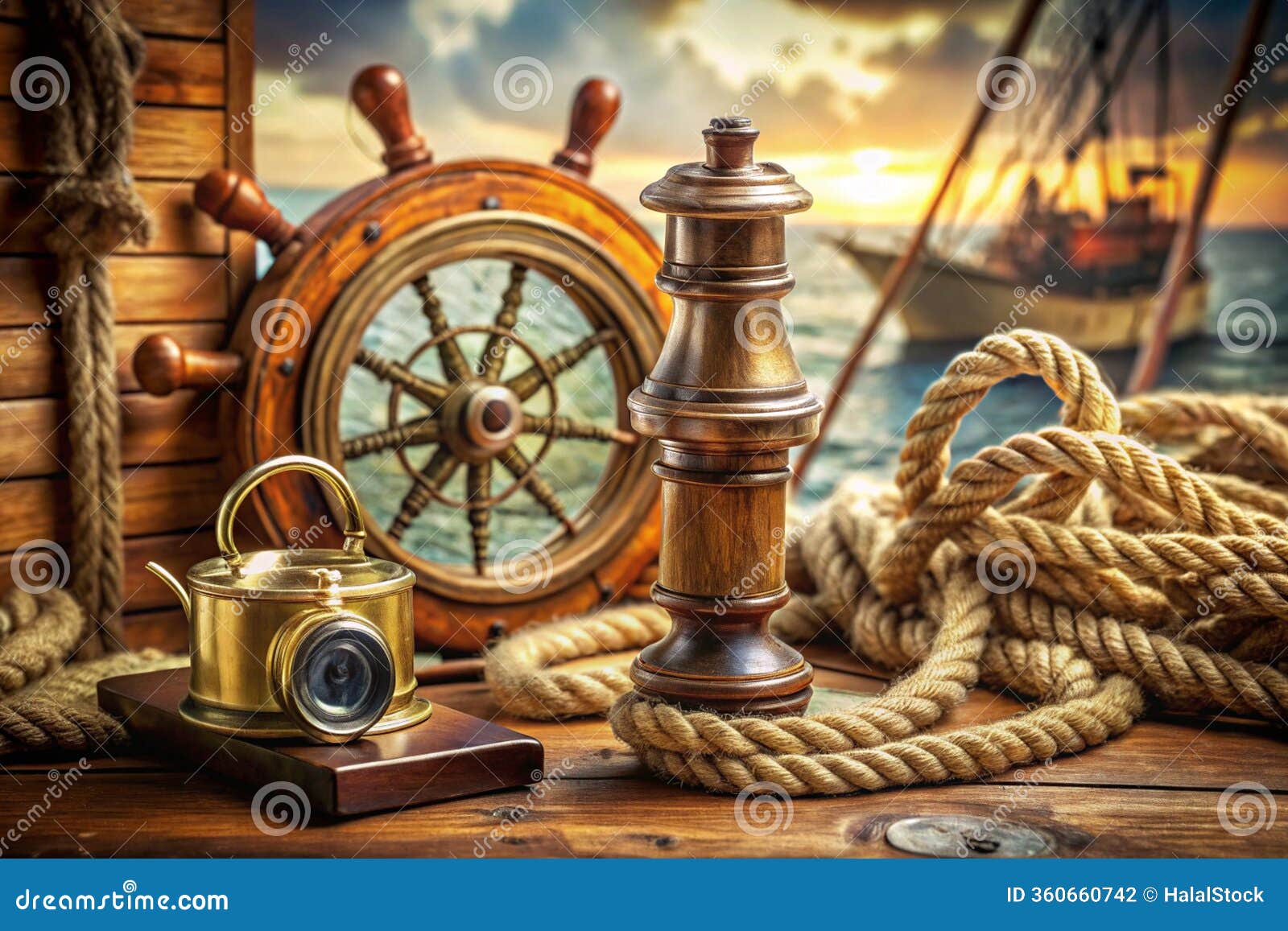 Nautical Still Life with Treasure Map, Compass, and Rope Stock ...