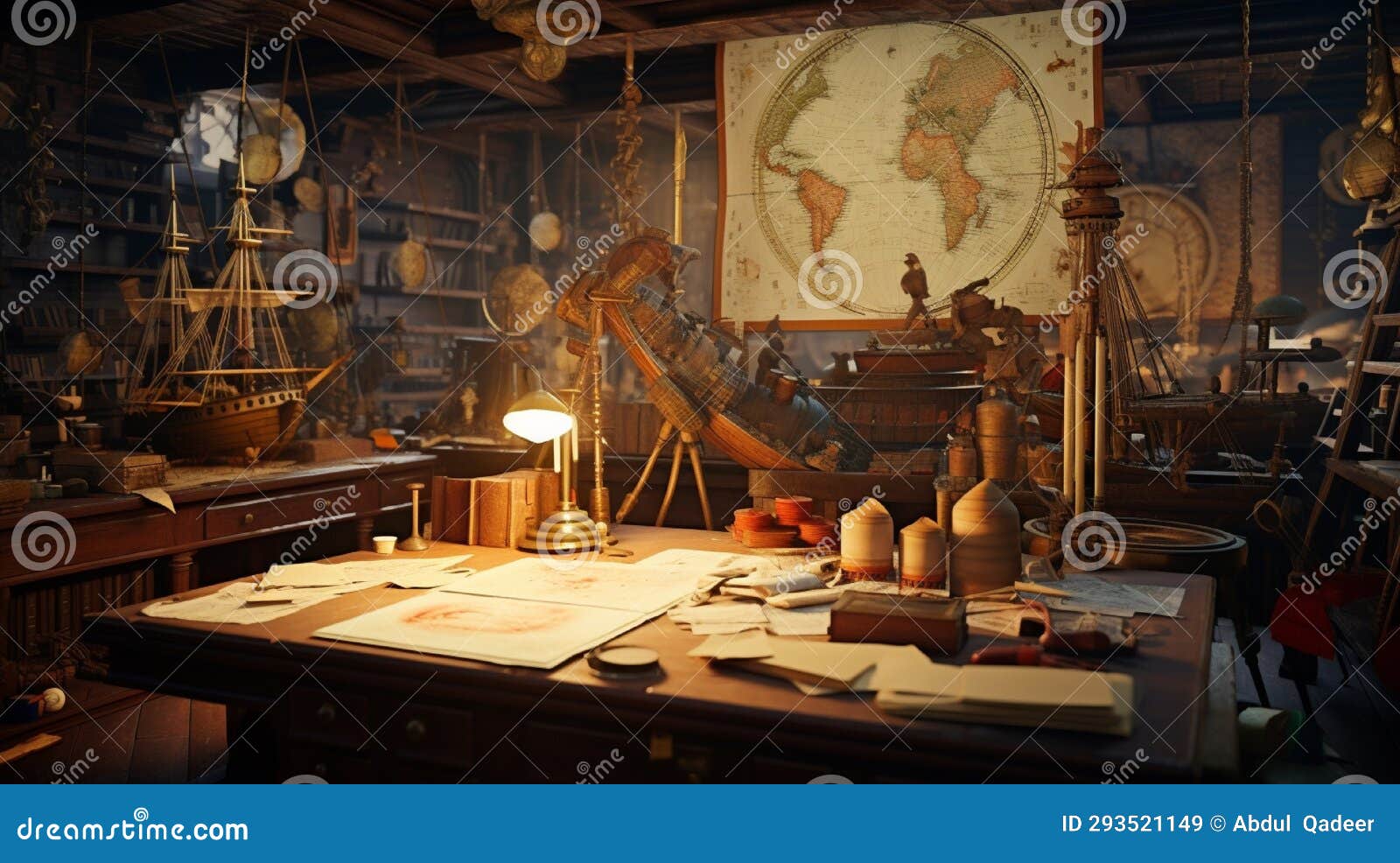 A Nautical-themed Study, Maritime Artifacts, Model Ships, and Maps ...