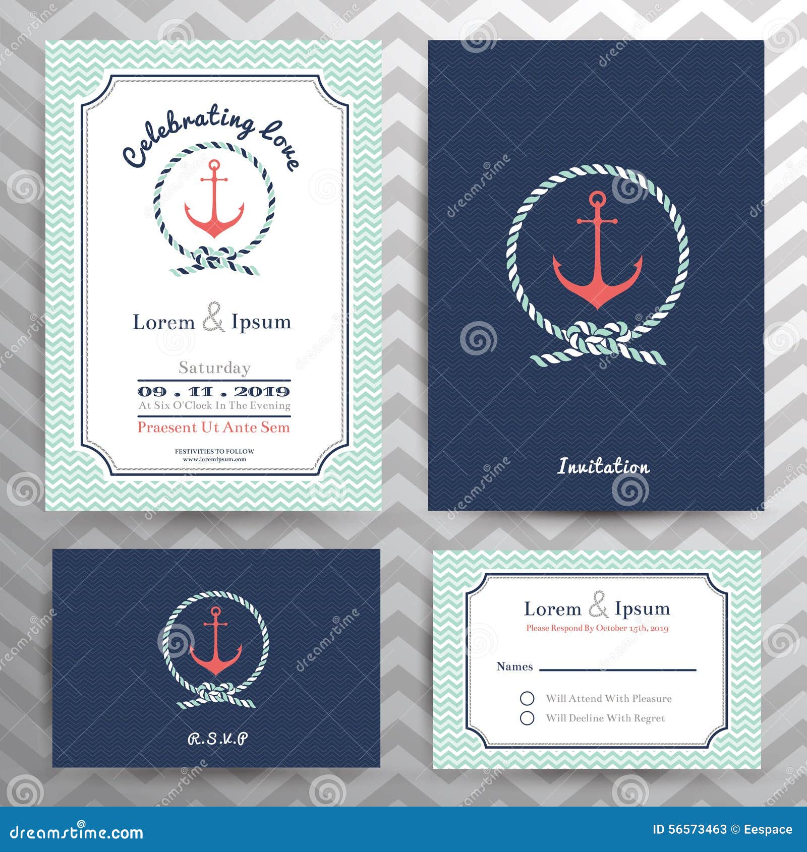 Nautical Wedding Invitation and RSVP Card Template Set Stock Vector ...