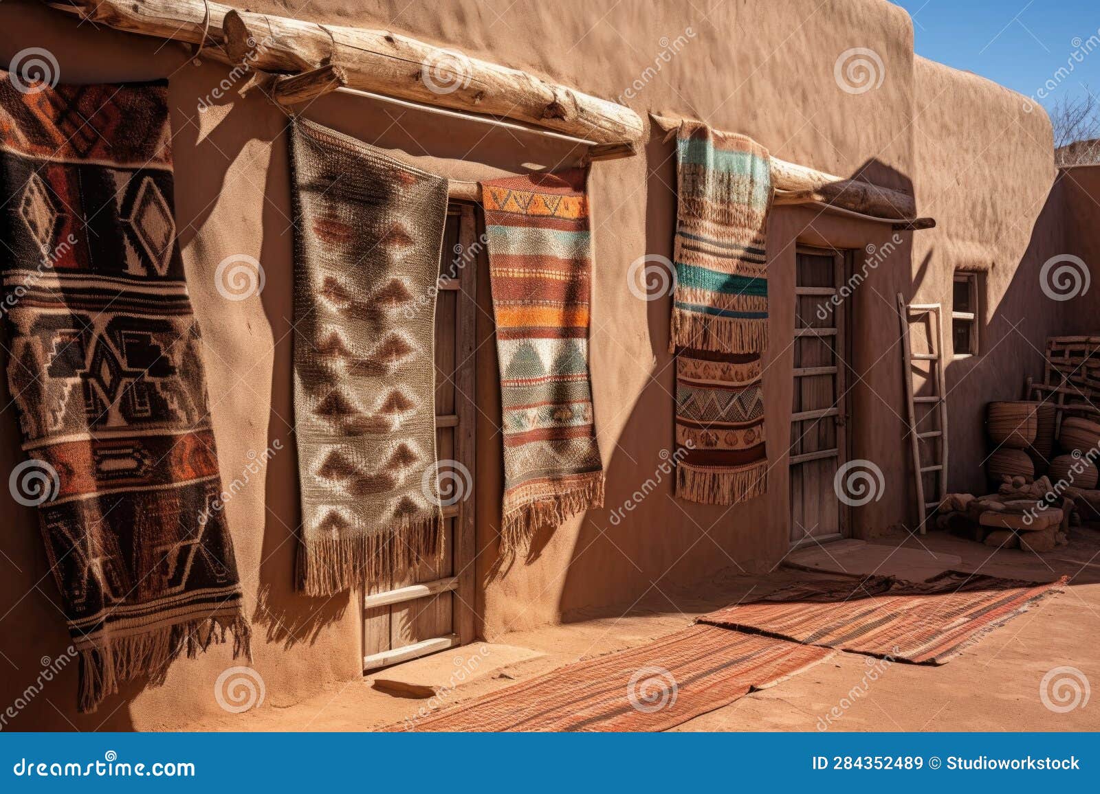 Navajo Rug Hanging on an Adobe Wall Outdoors Stock Illustration ...