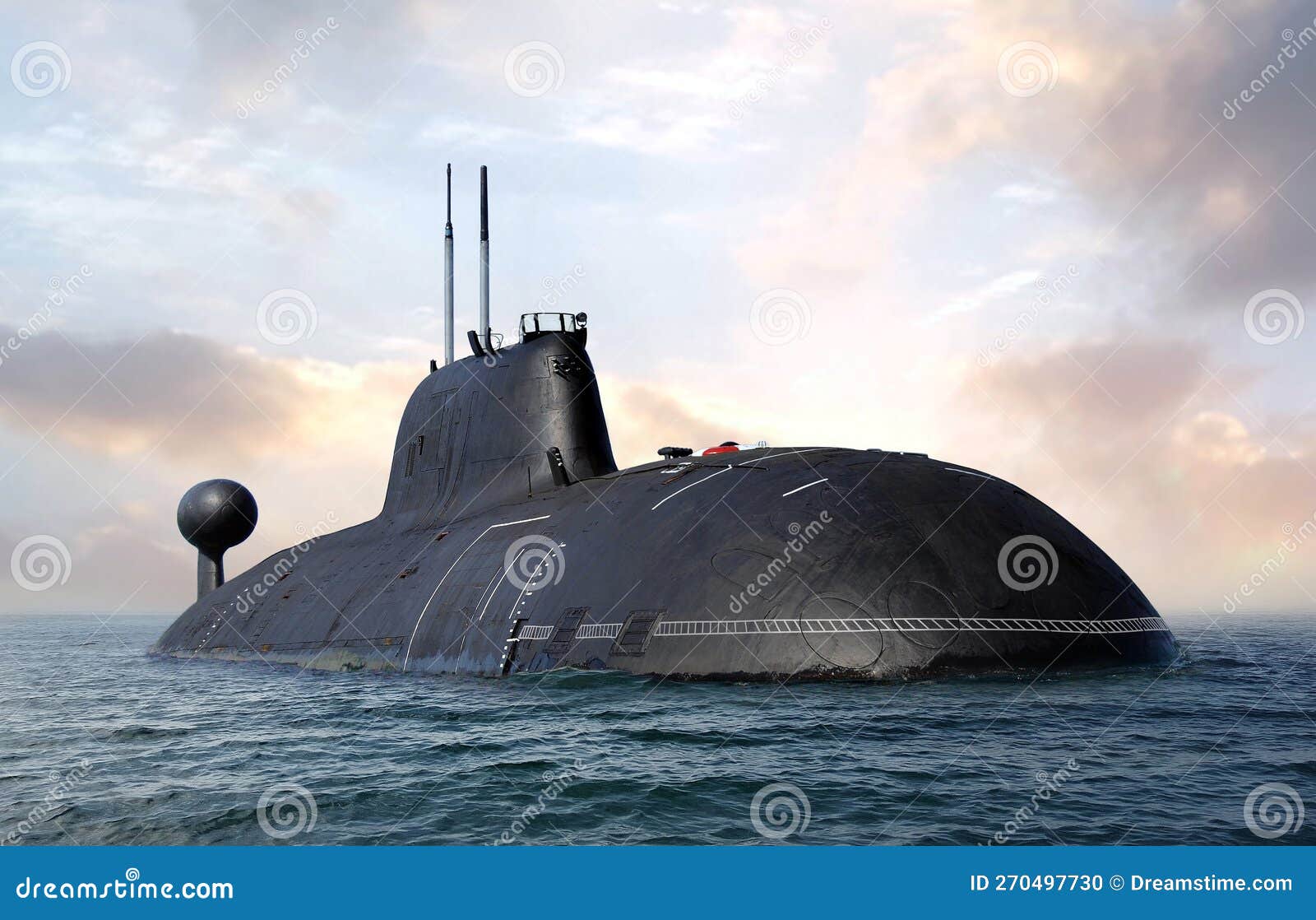 Naval Submarine on Open Sea Surface Under Cloudy Sky Stock Illustration ...