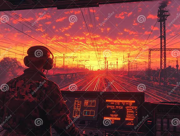 Navigating the Rails at Sunset Stock Illustration - Illustration of ...