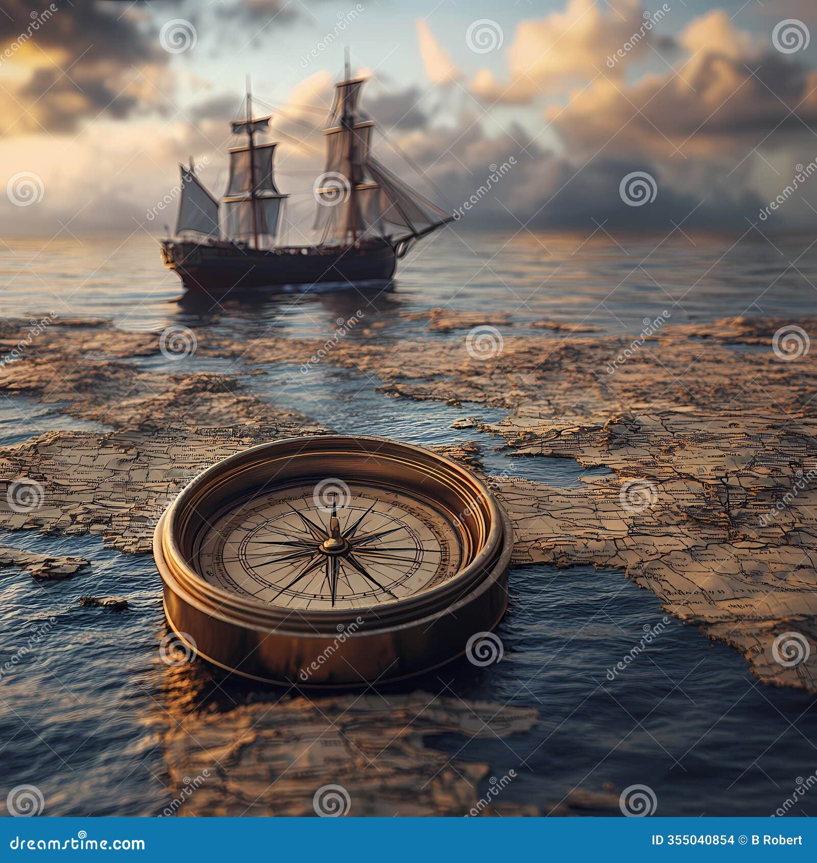 Navigating the Seas: a Compass on a Map with a Ship Stock Illustration ...
