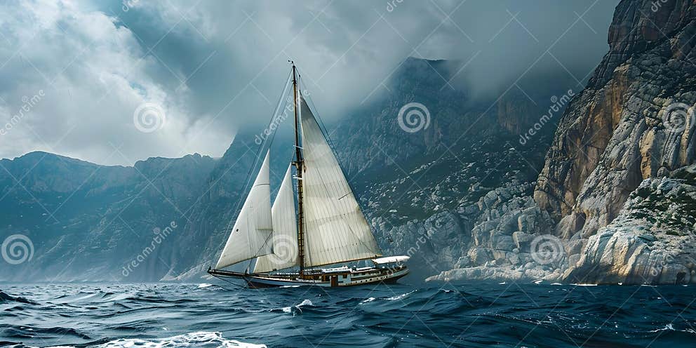 Navigating Stormy Seas: Vintage Sailboat Near Rocky Cliffs in ... Navigating Stormy Seas: Vintage Sailboat Near Rocky Cliffs in ...