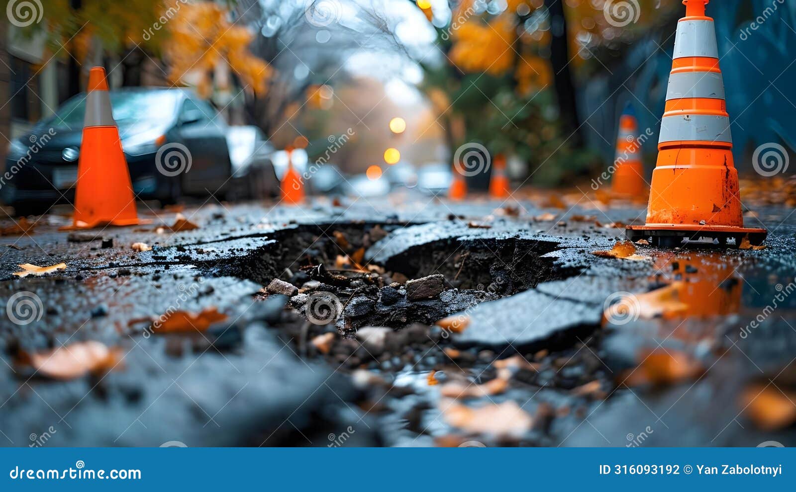 Navigating Hazards: Sinkhole, Traffic Cone, And Cracked Road In A City ... Navigating Hazards: Sinkhole, Traffic Cone, And Cracked Road In A City ...