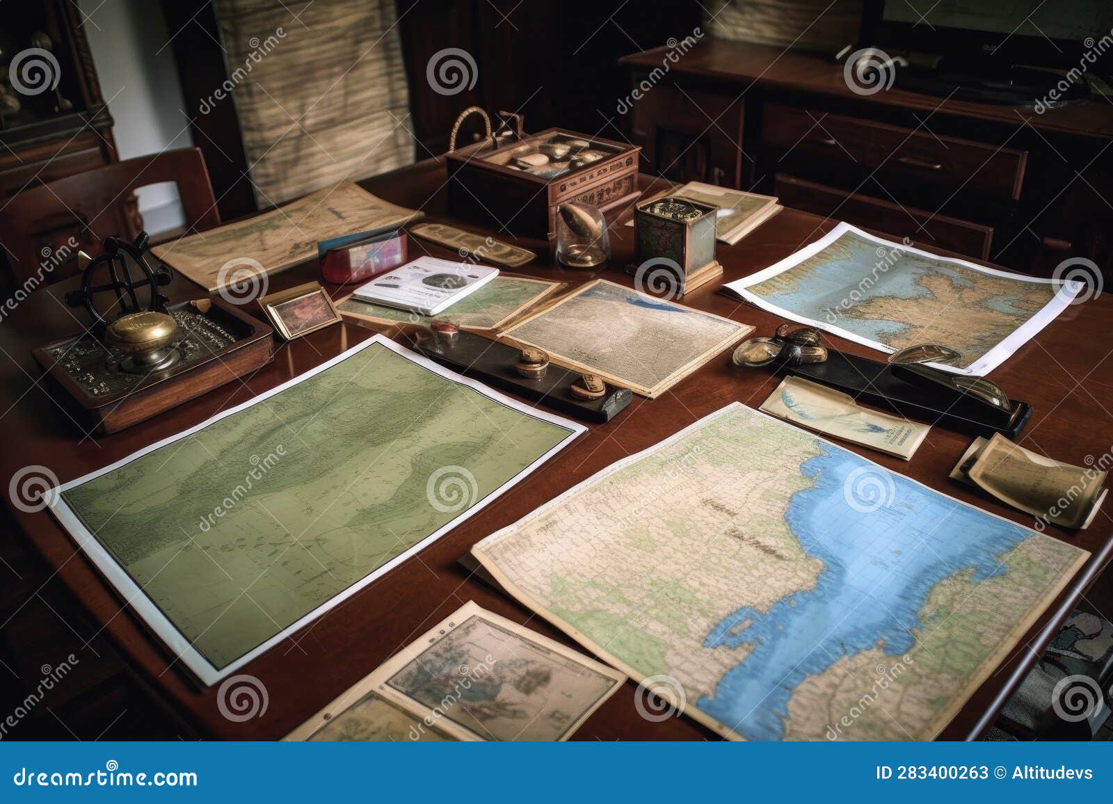 Navigation Charts and Maps Spread on a Table Stock Illustration ...