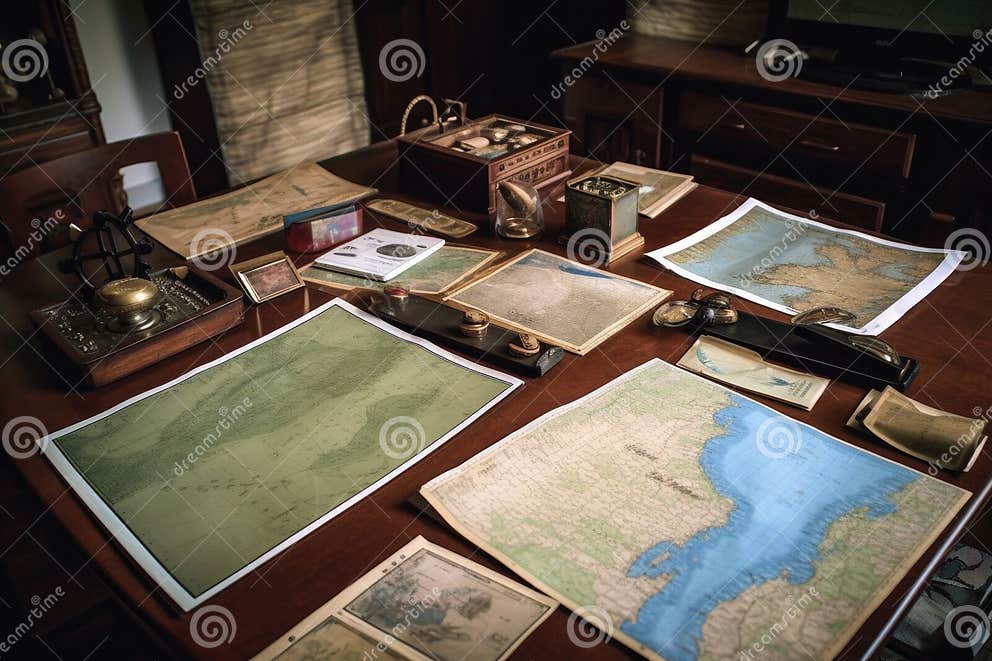 Navigation Charts and Maps Spread on a Table Stock Illustration ...