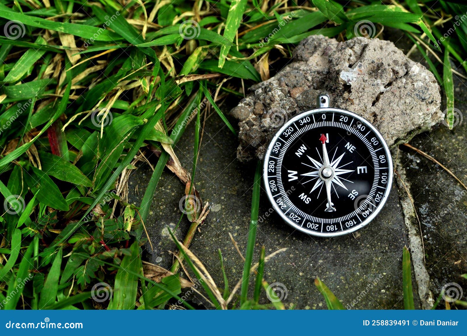Navigation Compass in Ground with Green Grass Stock Image - Image of ...