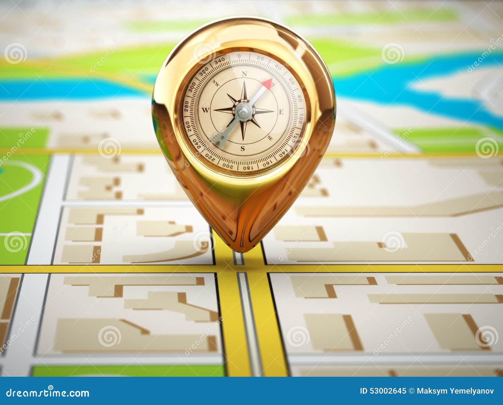 Navigation Concept. Pin with Compass on the City Map Stock Illustration ...