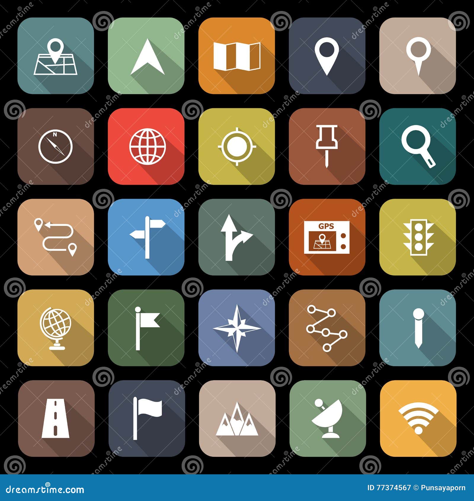 Navigation Flat Icons with Long Shadow Stock Vector - Illustration of ...