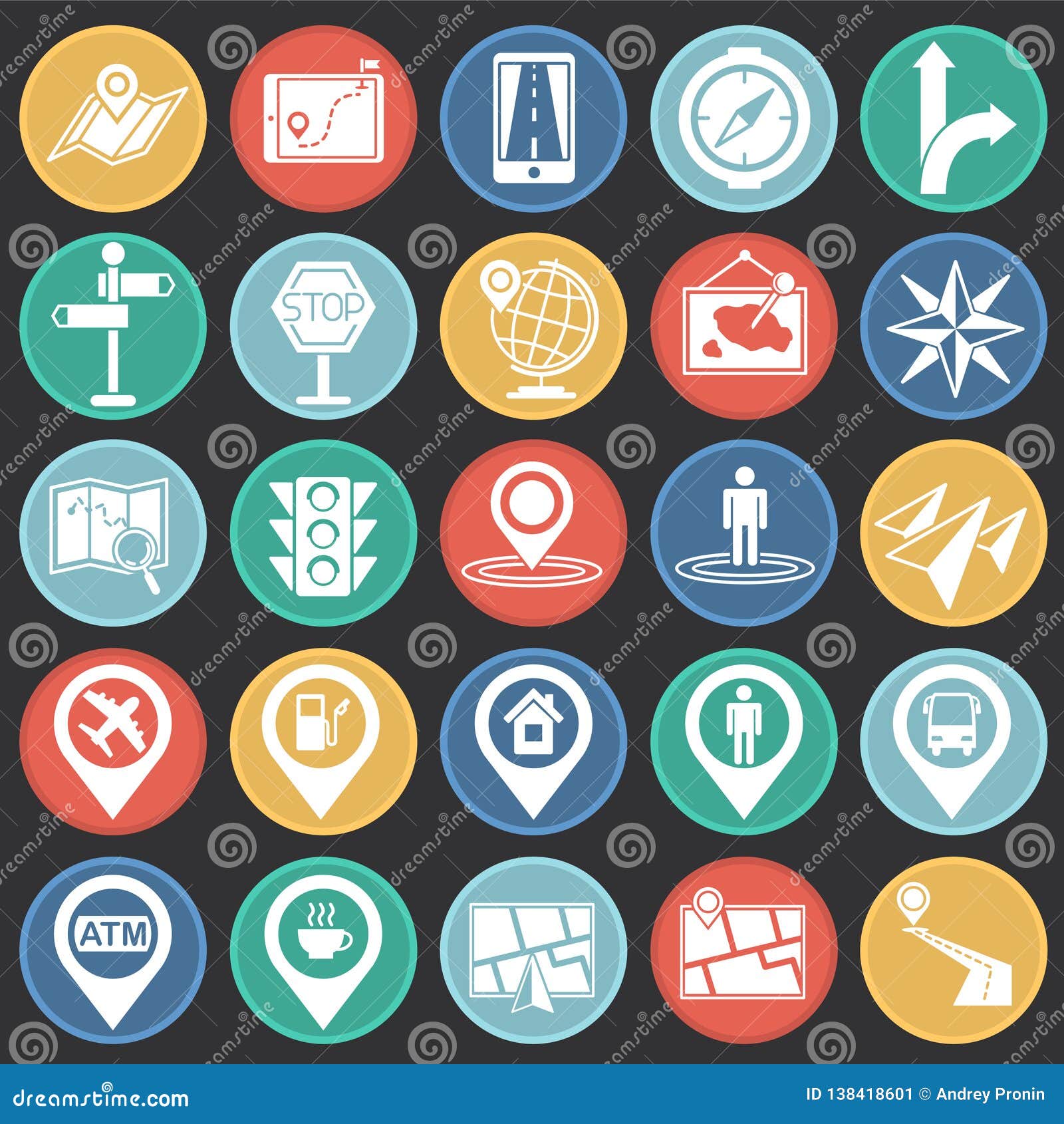 Navigation Icon Set on Color Circles Back Background for Graphic and ...