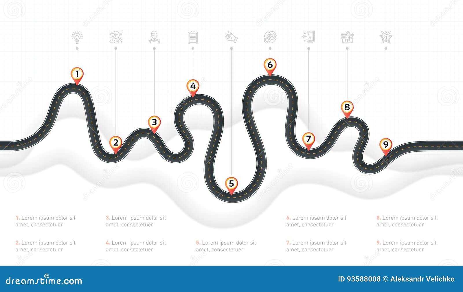 Navigation Map Infographic 9 Steps Timeline Concept. Winding Roa Stock ...