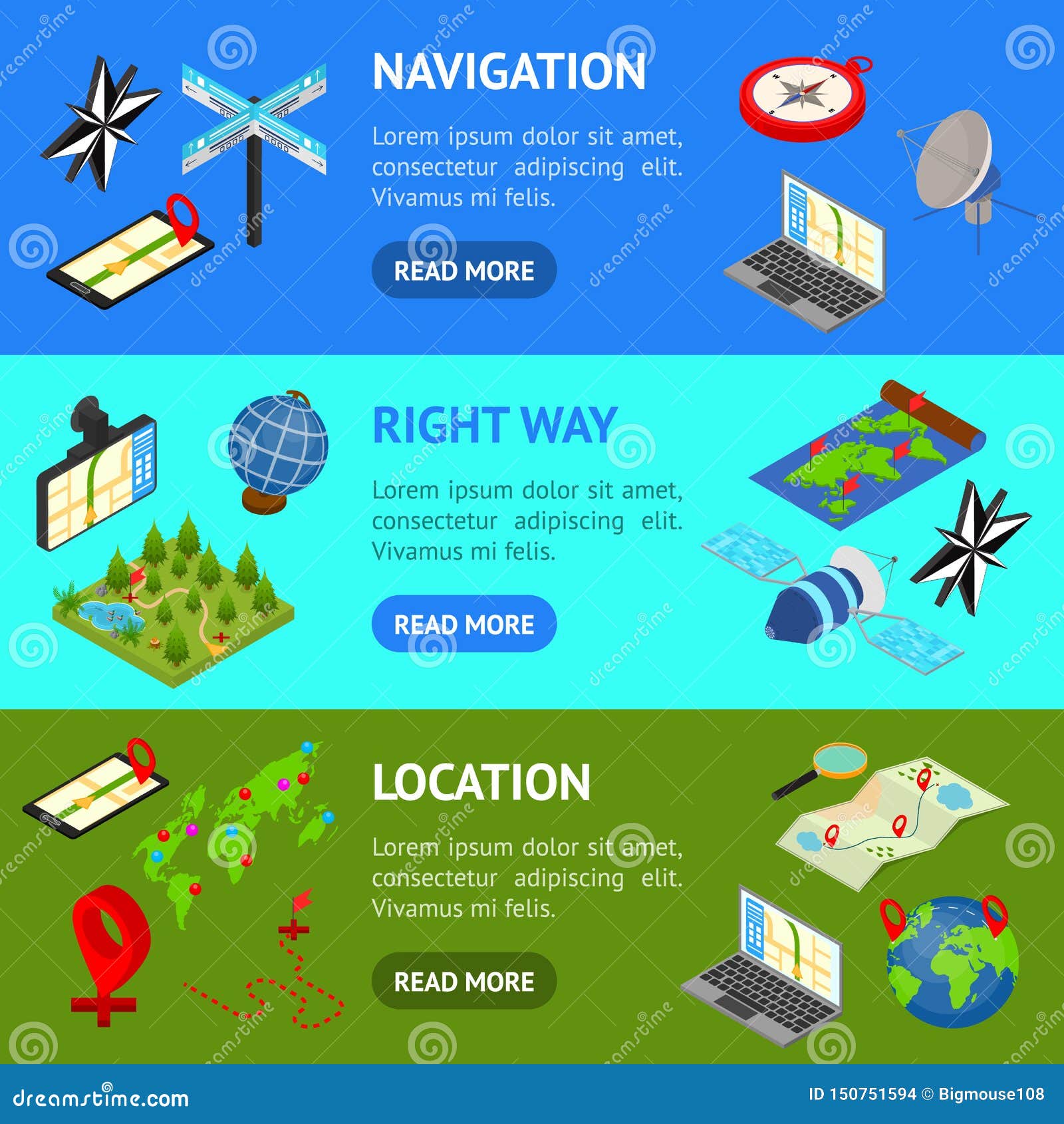 Navigation Methods Tools Signs 3d Banner Horizontal Set Isometric View ...