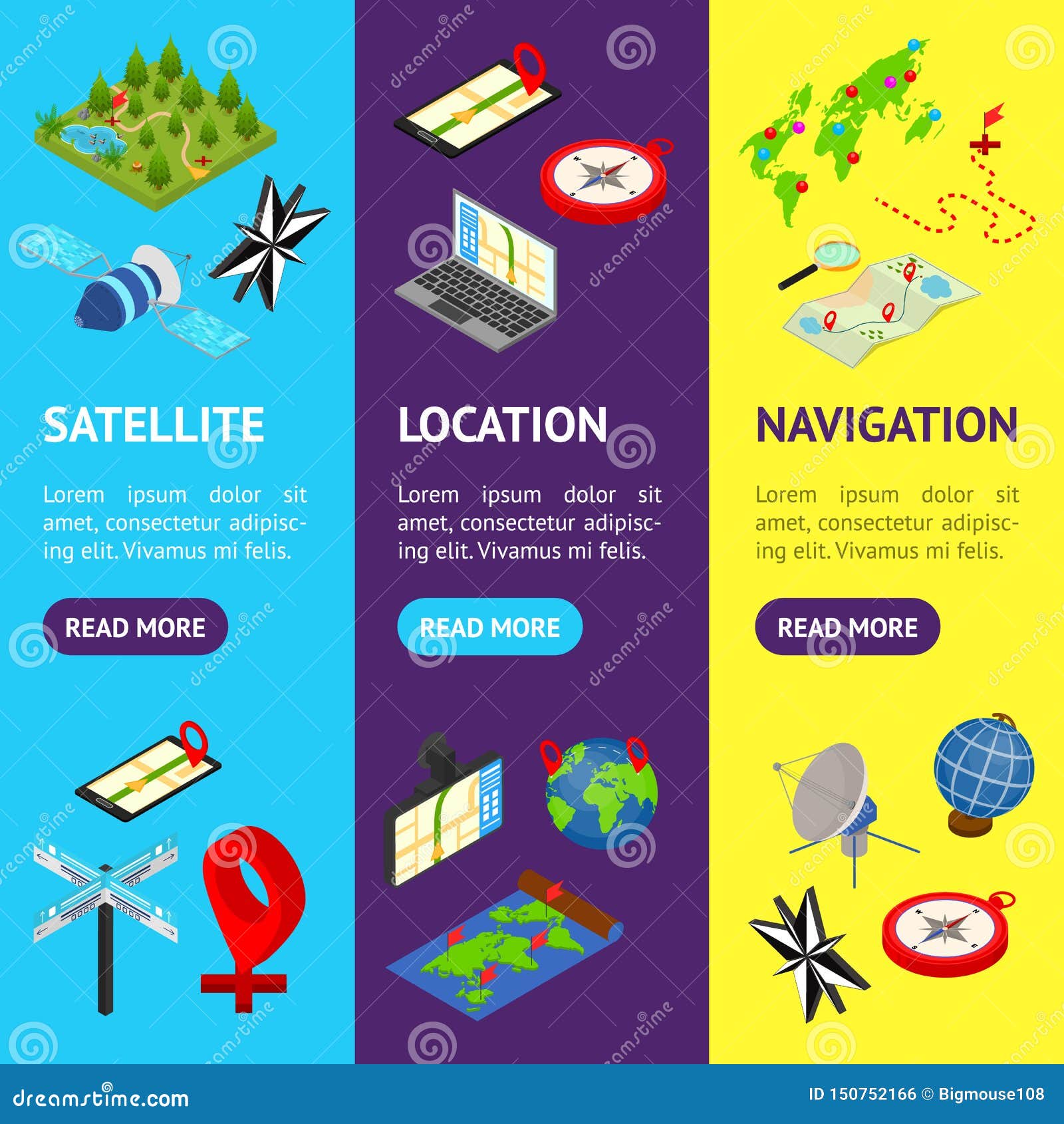 Navigation Methods Tools Signs 3d Banner Vecrtical Set Isometric View ...