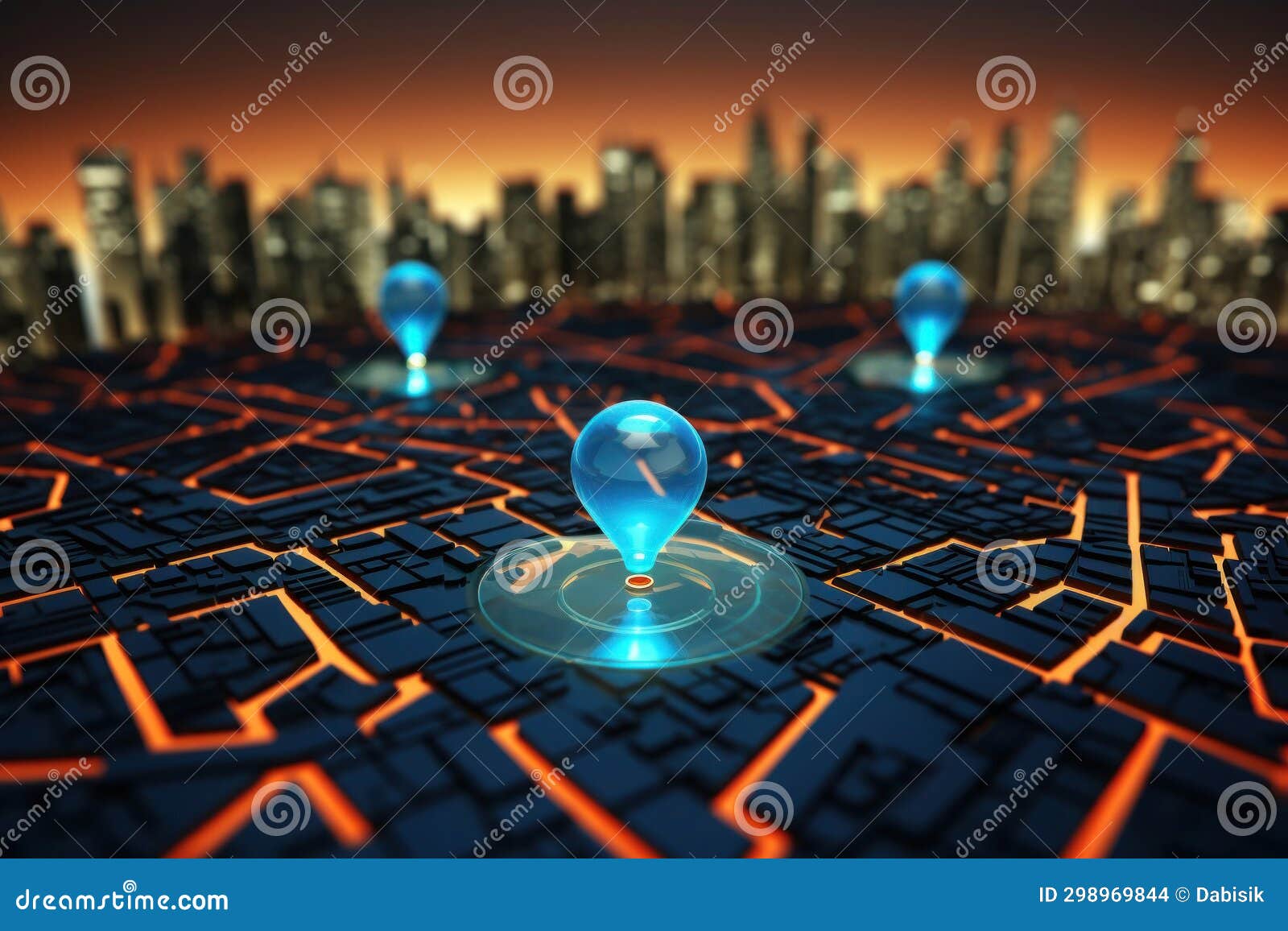 Navigation System Route with Panoramic City Background Stock Photo ...