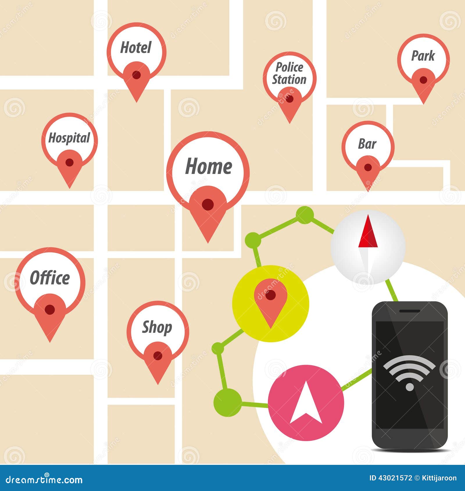 Navigator Smart Phone with Icon on Map Stock Vector - Illustration of ...