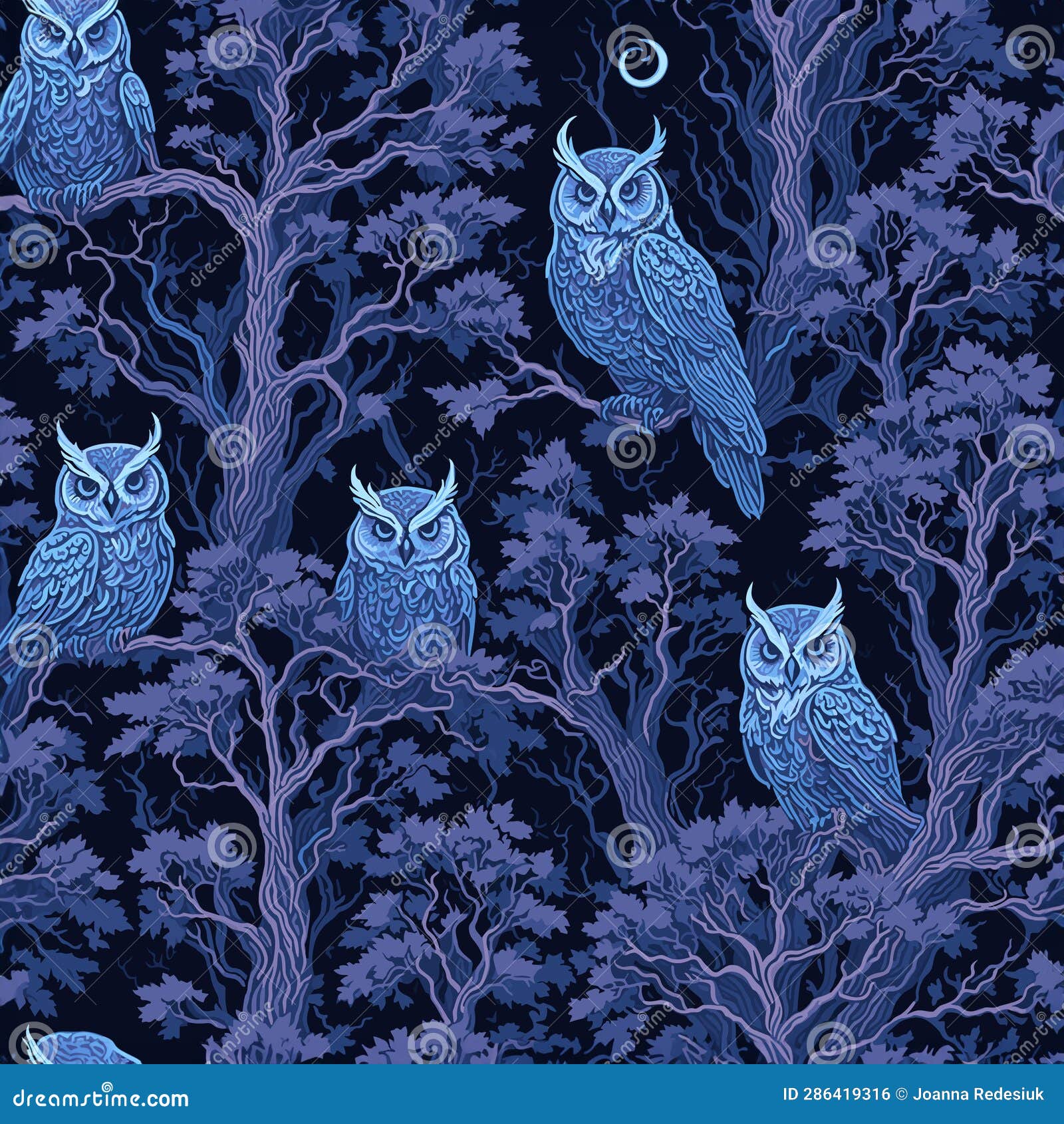 Navy Blue Background Owl on a Tree at Night Stock Illustration ...