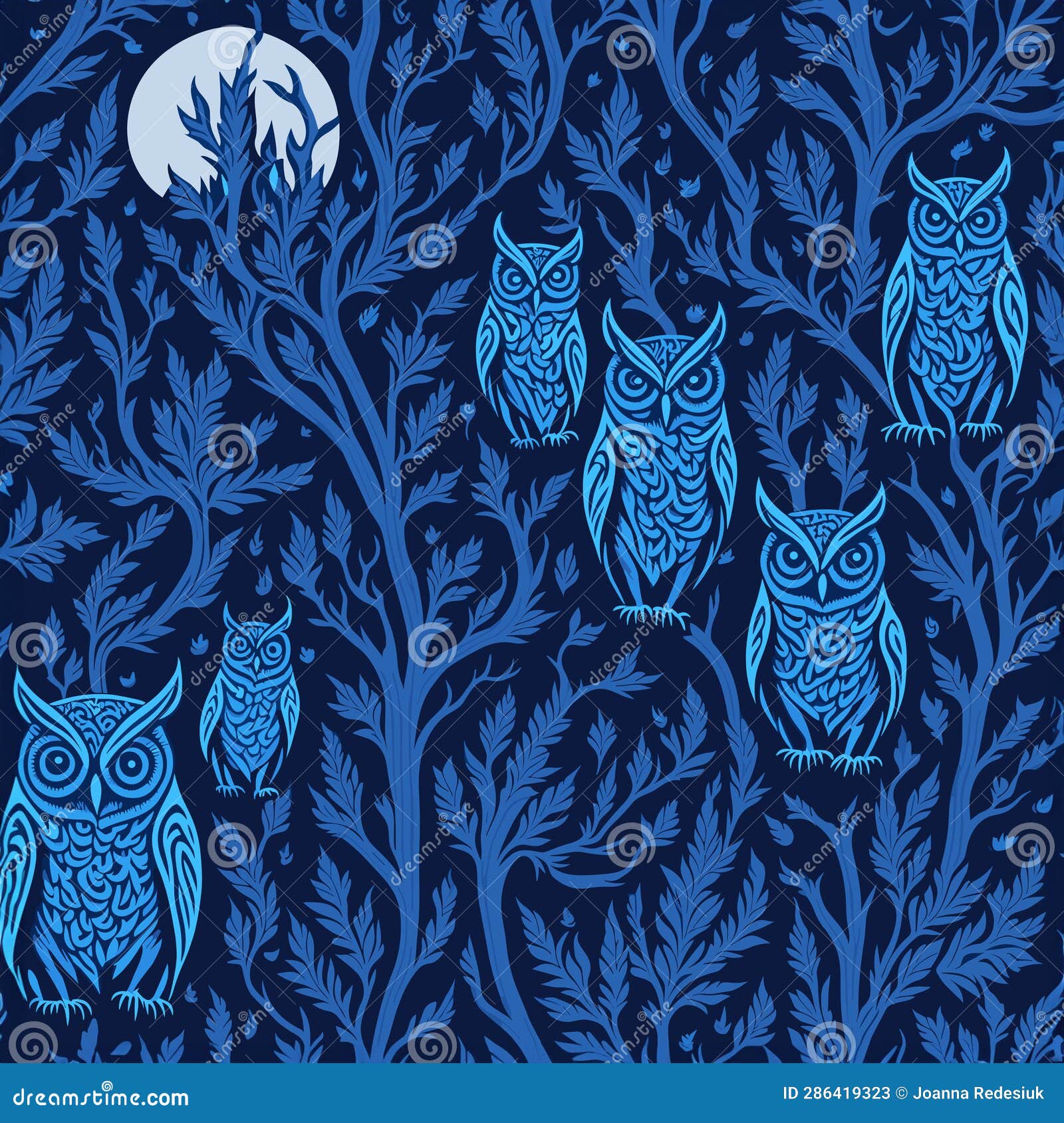 Navy Blue Background Owl on a Tree at Night Stock Illustration ...