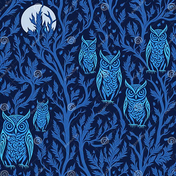 Navy Blue Background Owl on a Tree at Night Stock Illustration ...
