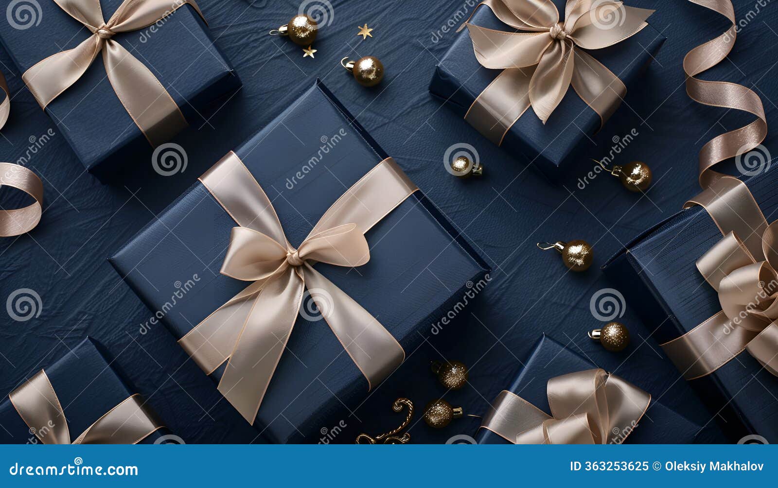 Navy Blue Gift Boxes Tied with Beige Ribbon on a Navy Blue Background ...