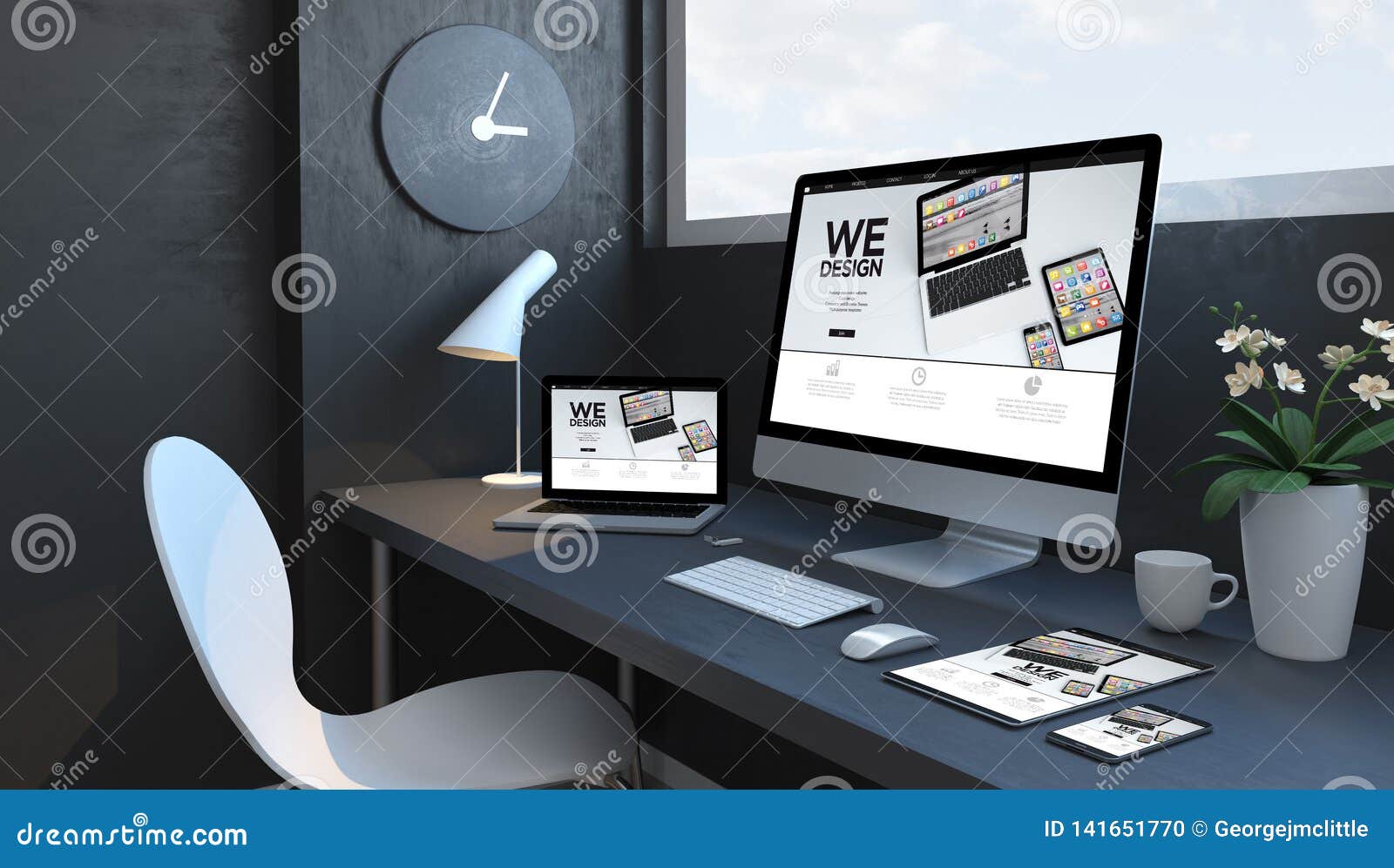 Navy Blue Workspace with Responsive Devices Design Website Stock ...