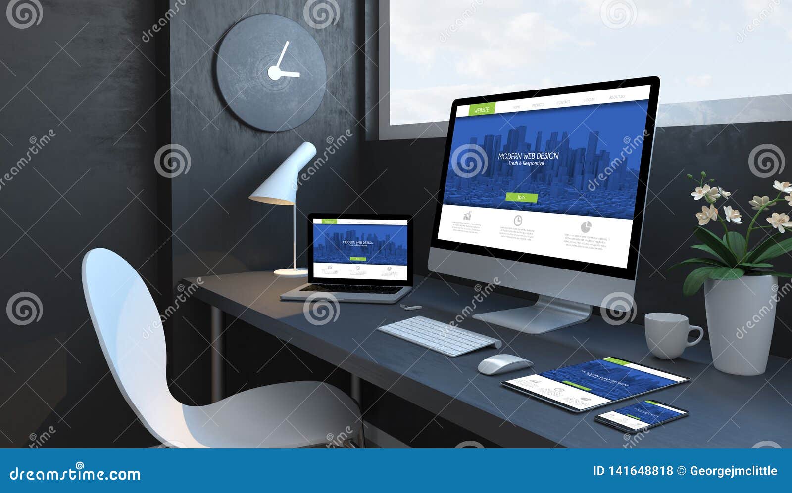 Navy Blue Workspace with Responsive Devices Modern Web Design Stock ...