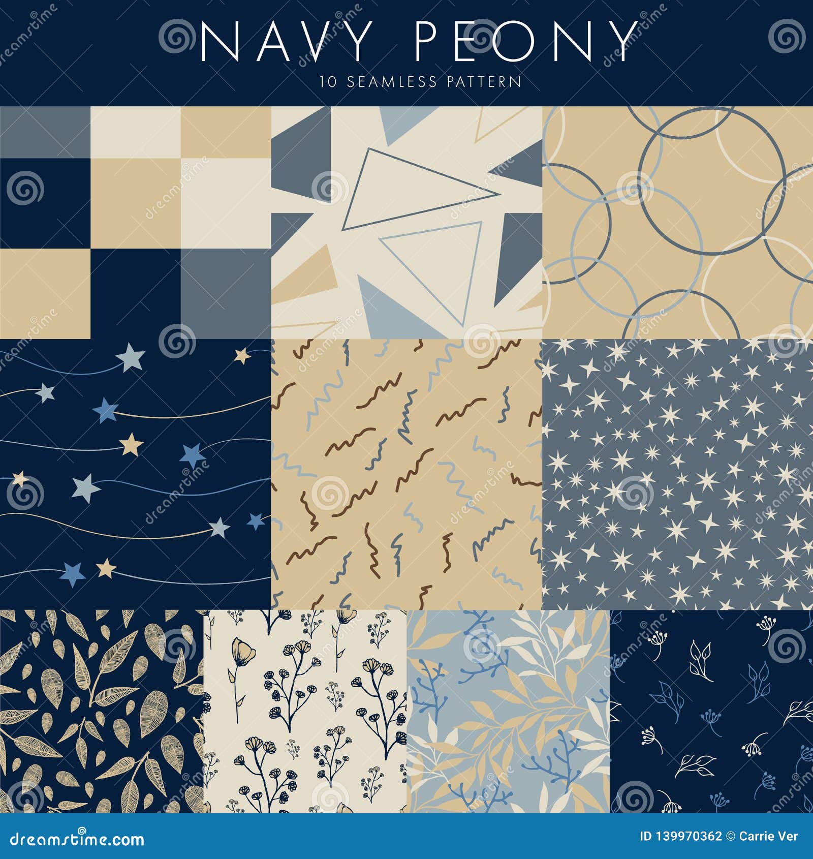 Navy Peony 10 Seamless Patterns in Set!!! Stock Vector - Illustration ...