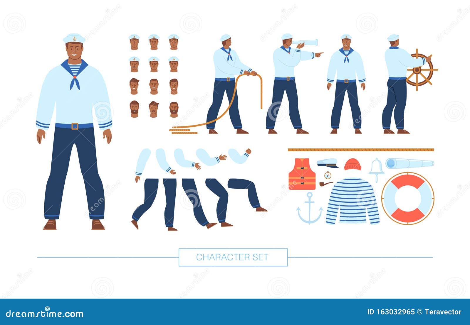 Navy Sailor Character Constructor Flat Vector Set Stock Vector ...