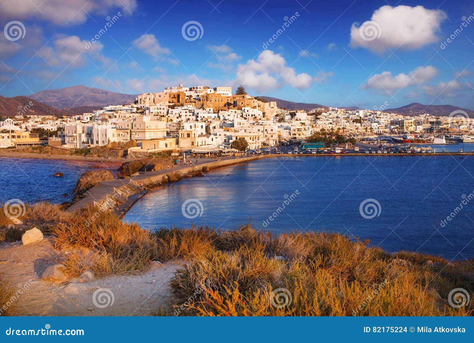Naxos Town Chora at sunset stock photo. Image of architecture - 82175224