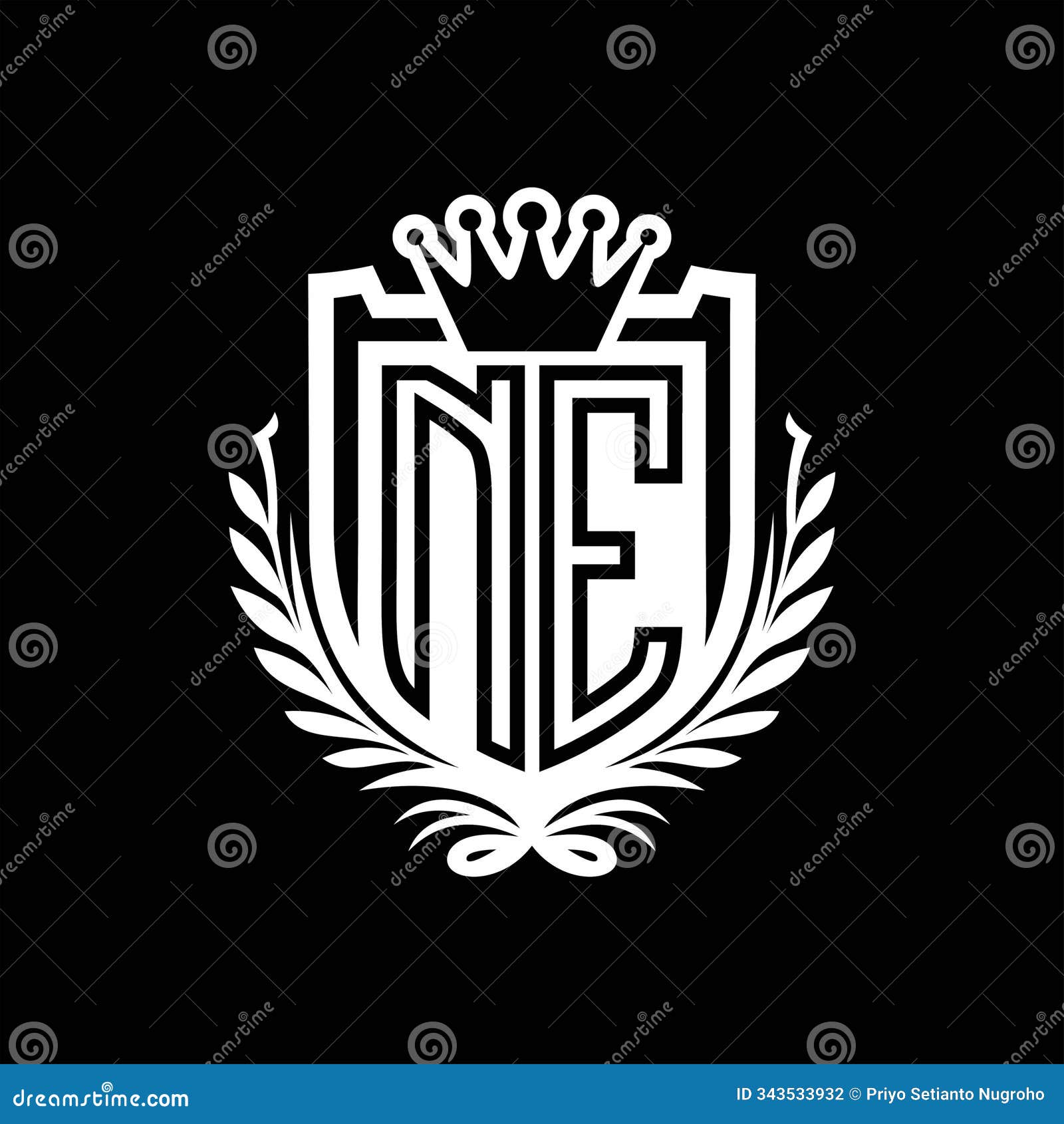 NE Letter Logo Heraldic Shield Shape with Crown on Black Background ...