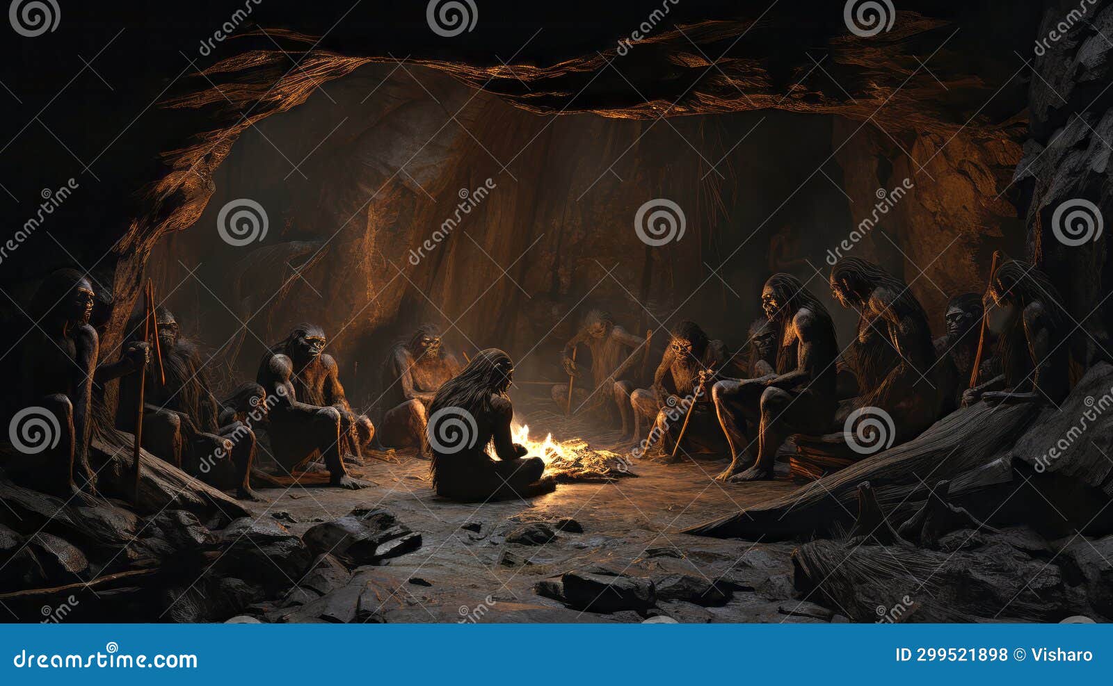 Neanderthal Cavemen Around a Fire in a Cave Stock Illustration ...