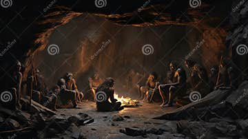 Neanderthal Cavemen Around a Fire in a Cave Stock Illustration ...