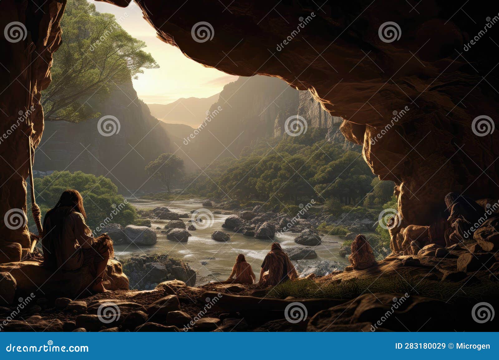 Neanderthal Family Sheltering in a Cave Over a River Stock Illustration ...