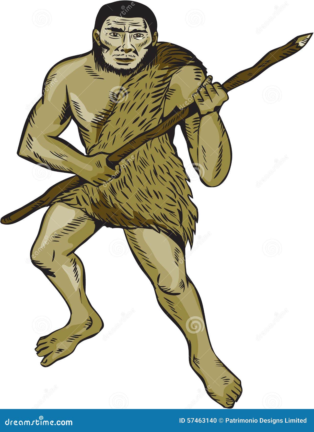Neanderthal Man Holding Spear Etching Stock Vector - Illustration of ...