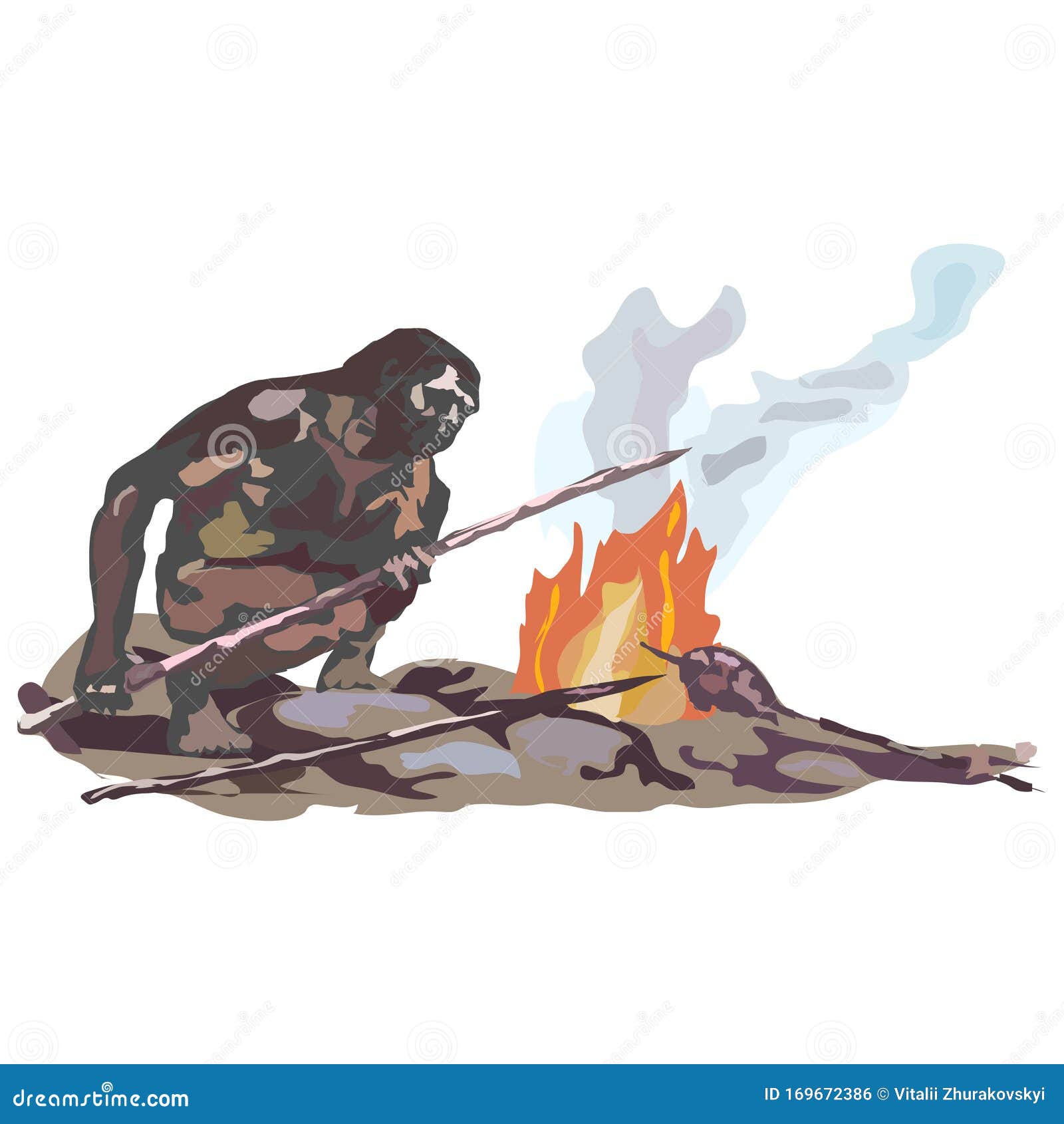 Neanderthals, Cavemen, Sitting on Stones by the, Smoking Fire, Holding ...