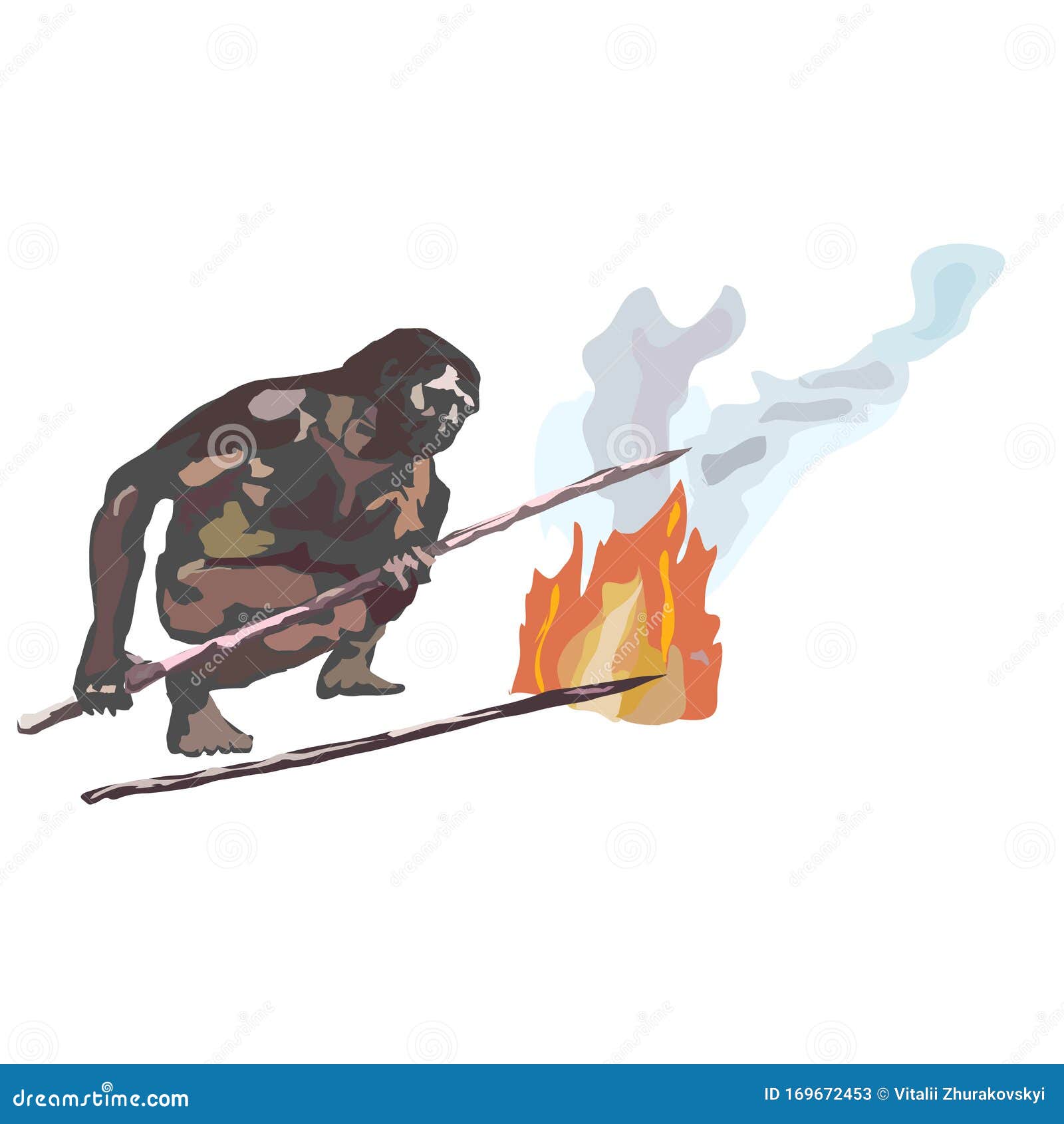 Neanderthals, Cavemen, Sitting on Stones by the, Smoking Fire, Holding ...