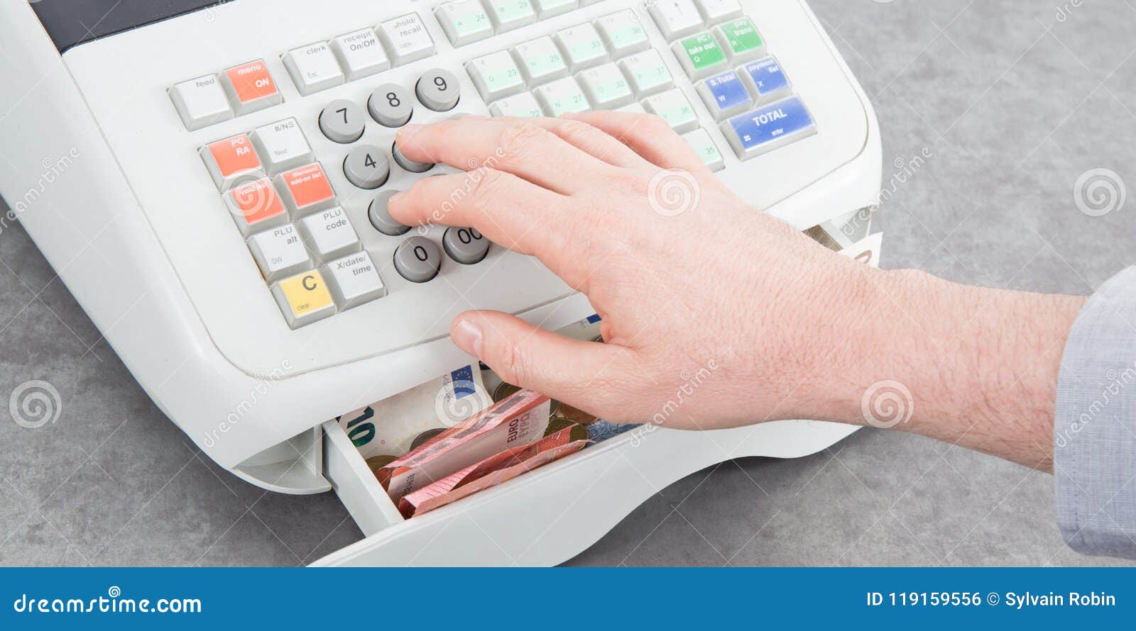 Empty Cash Register on Table from Top View with Man Hands Stock Photo ...