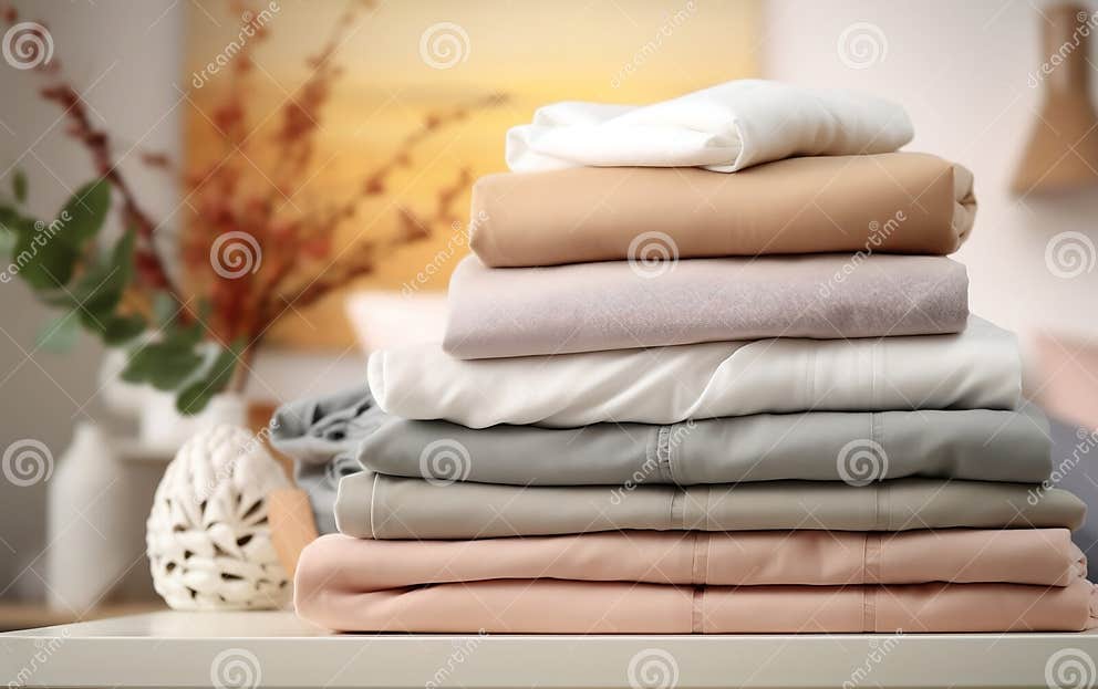 Neat Bedding Sheets Stack in Laundry Room. Generative AI Stock Photo ...