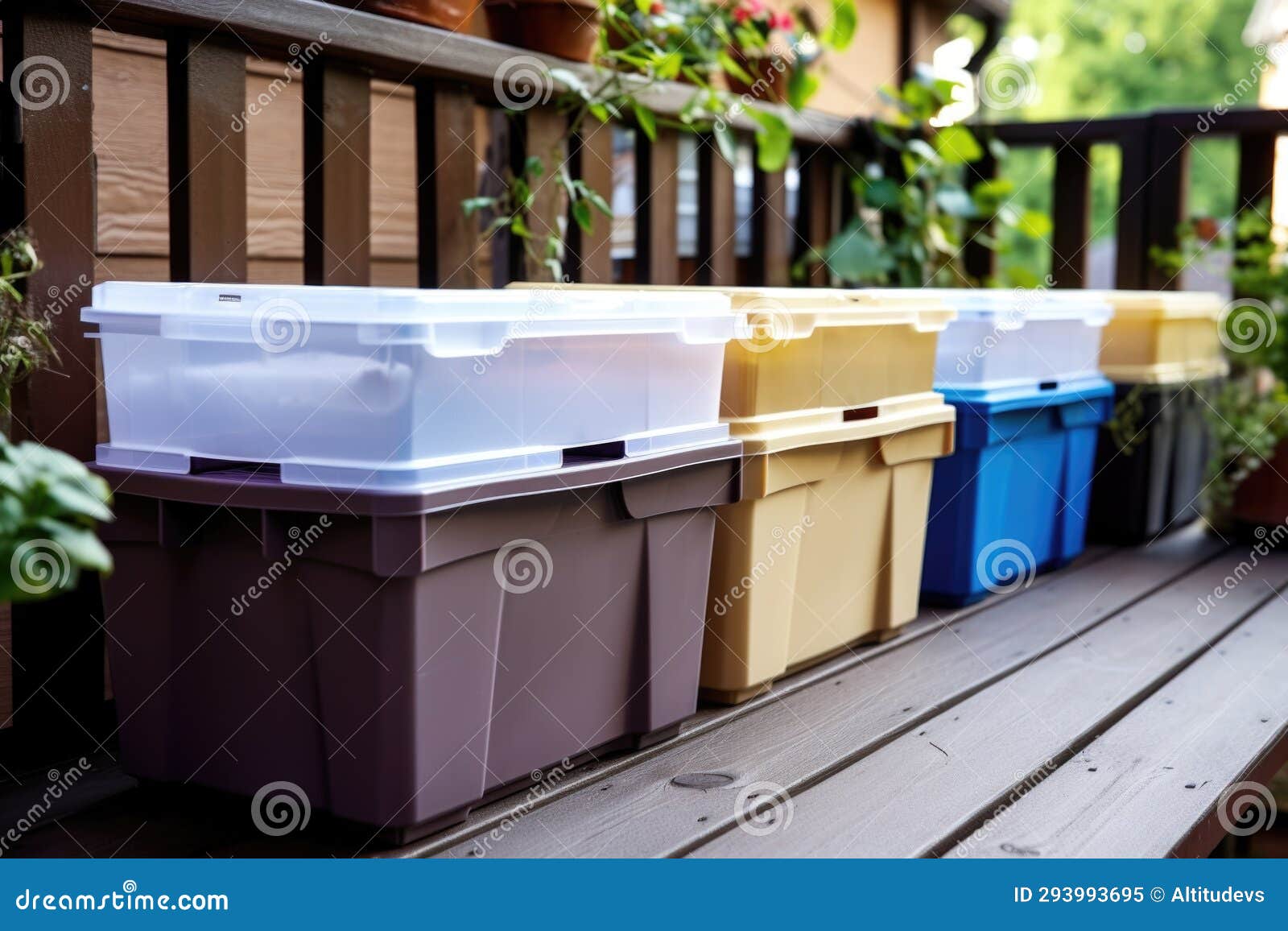 A Neat Row of Plastic Storage Boxes on a Patio Stock Illustration ...