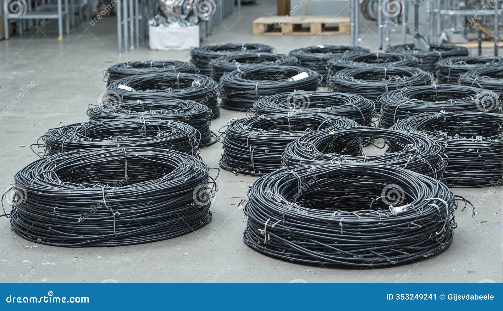 Neat Rows of Coiled Electrical Cables in a Warehouse with Metallic ...