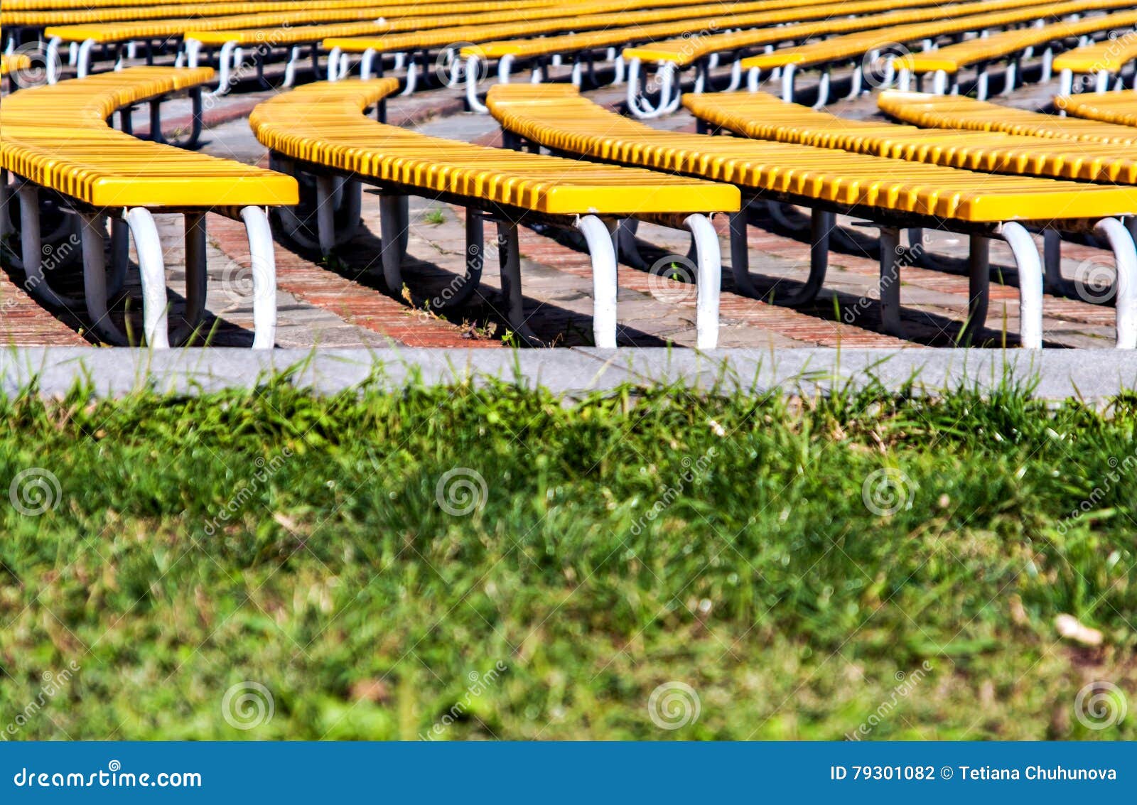Neat Rows of Green Benches on a Grass Background Stock Photo - Image of ...
