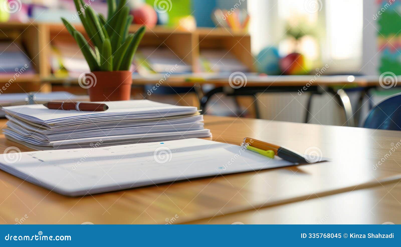 A Neat Stack of Freshly Printed Worksheets on a Classroom Desk Stock ...