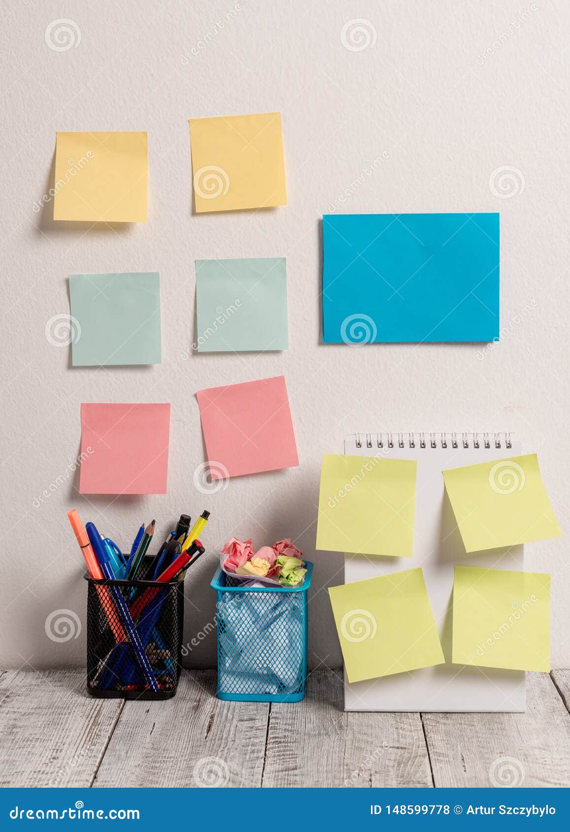 Neat Workplace With 6 Empty Colored Stick Pad Notes And Blue Card Put ...