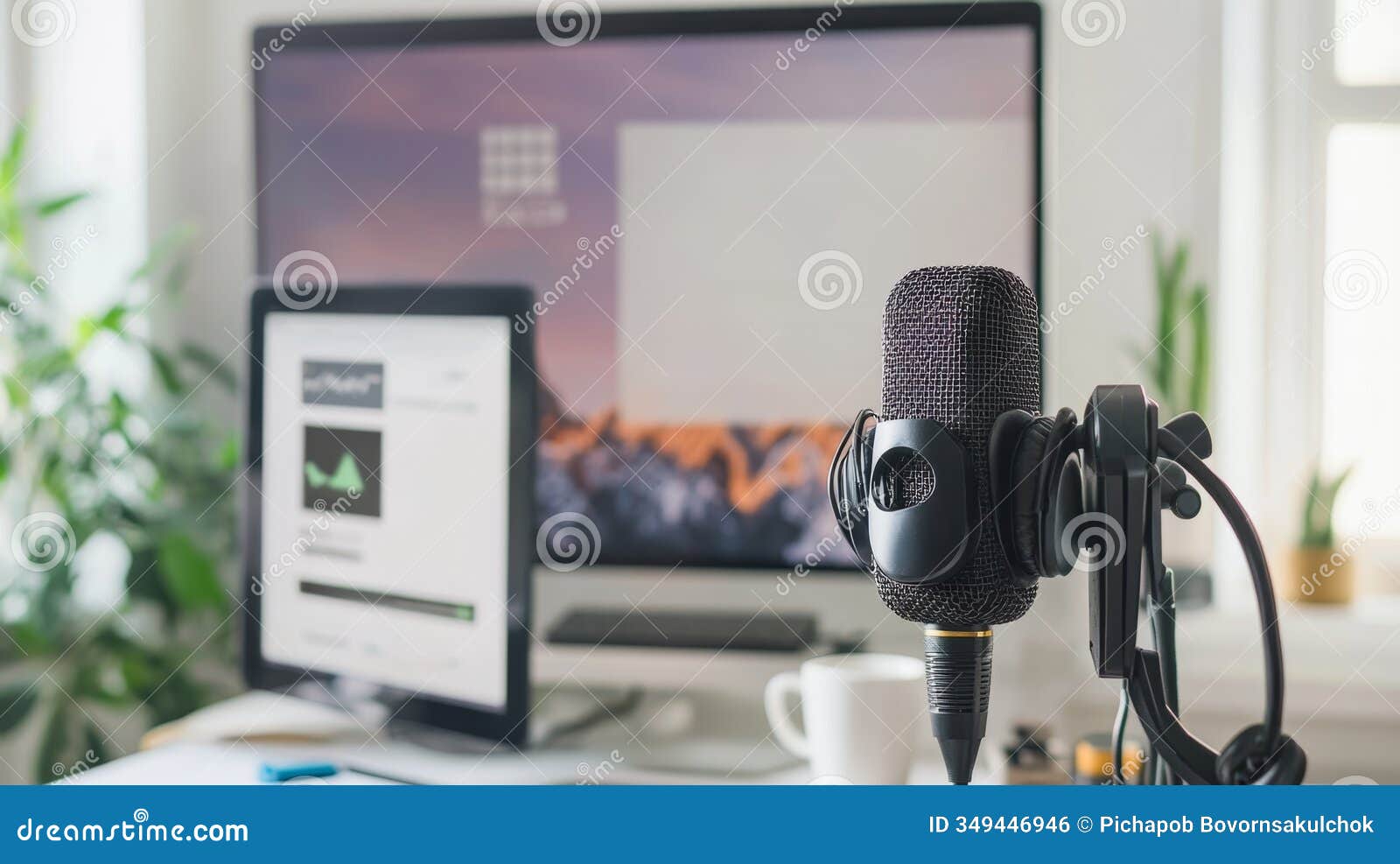 Neat Workspace with Computer and Microphone on a Stylish Desk Stock ...