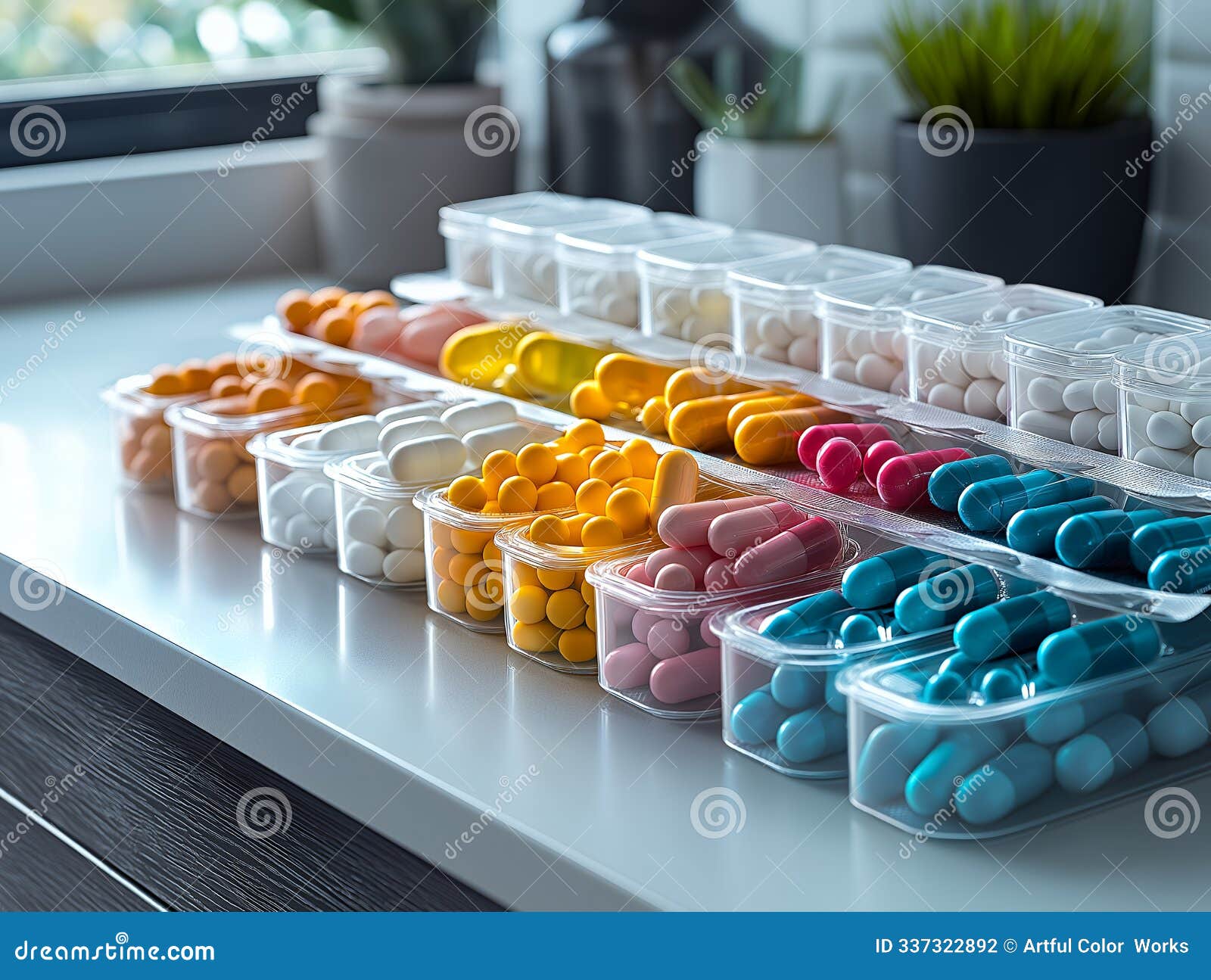 Neatly Arranged Colorful Pill Boxes on a Bright White Table by a Window ...