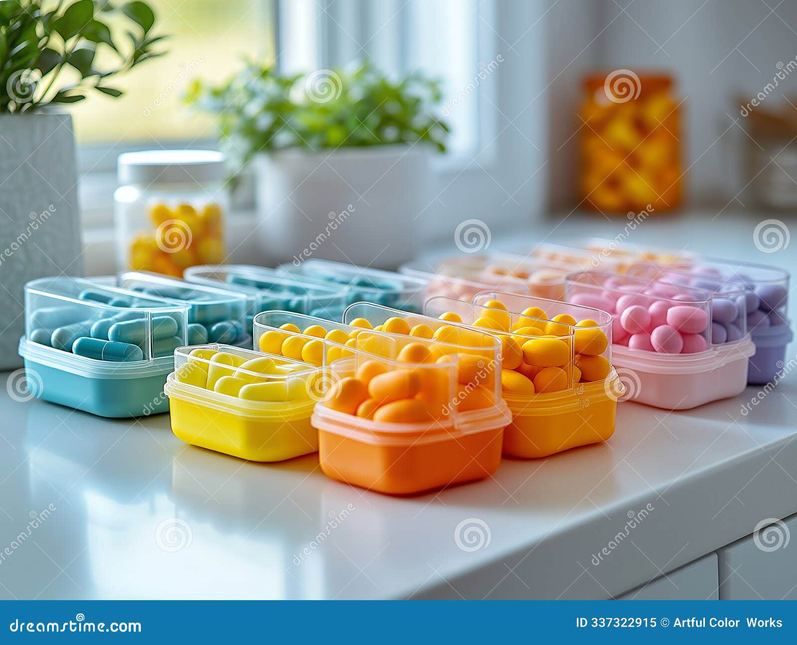 Neatly Arranged Colorful Pill Boxes on a Bright White Table by a Window ...