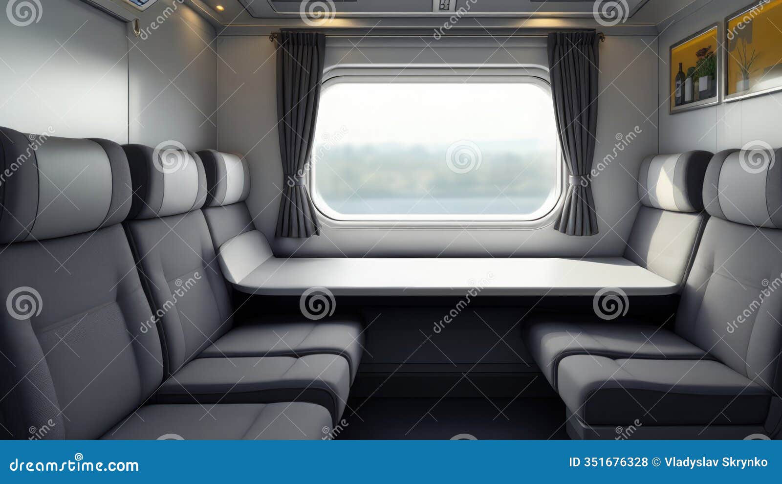 Comfortable Train Compartment with Large Window Overlooking Landscape ...