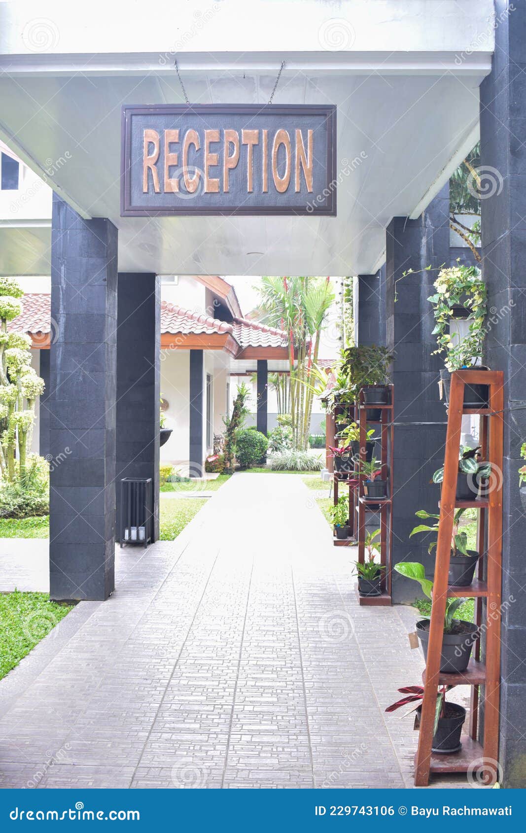 Neatly Corridor with Reception Sign Stock Photo - Image of outdoor ...